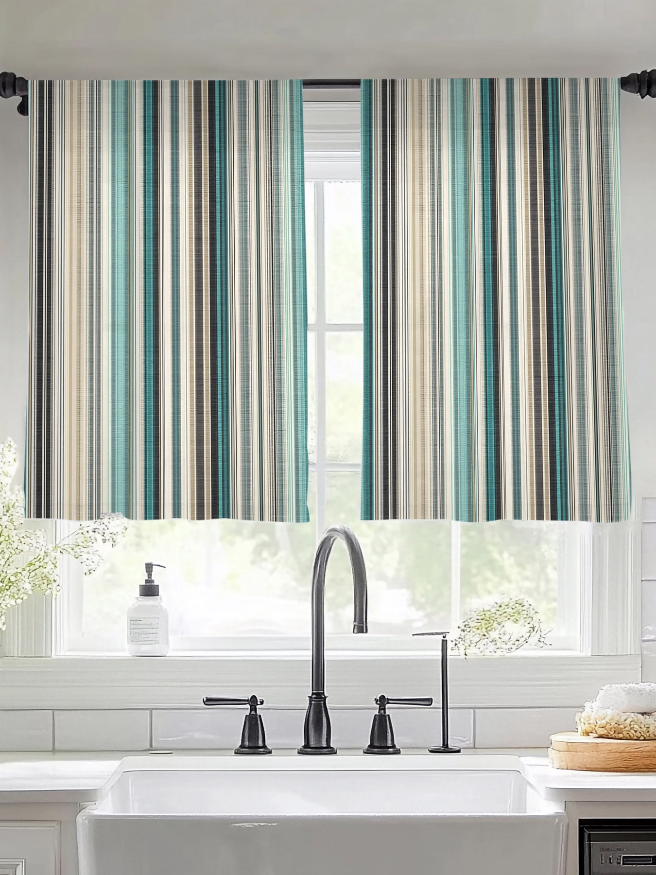 Bohemian Stripes Teal Brown Beige Chiffon Sheer Curtains 45 Inches Long ...