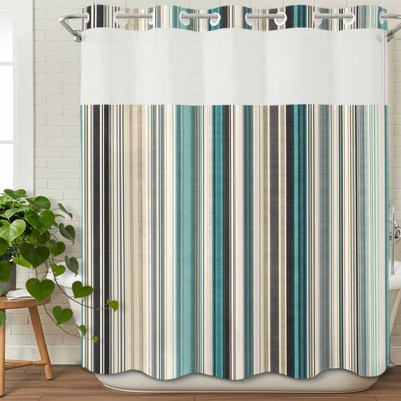 Bohemian Stripes Teal Brown Beige No Hook Shower Curtain with Snap in ...