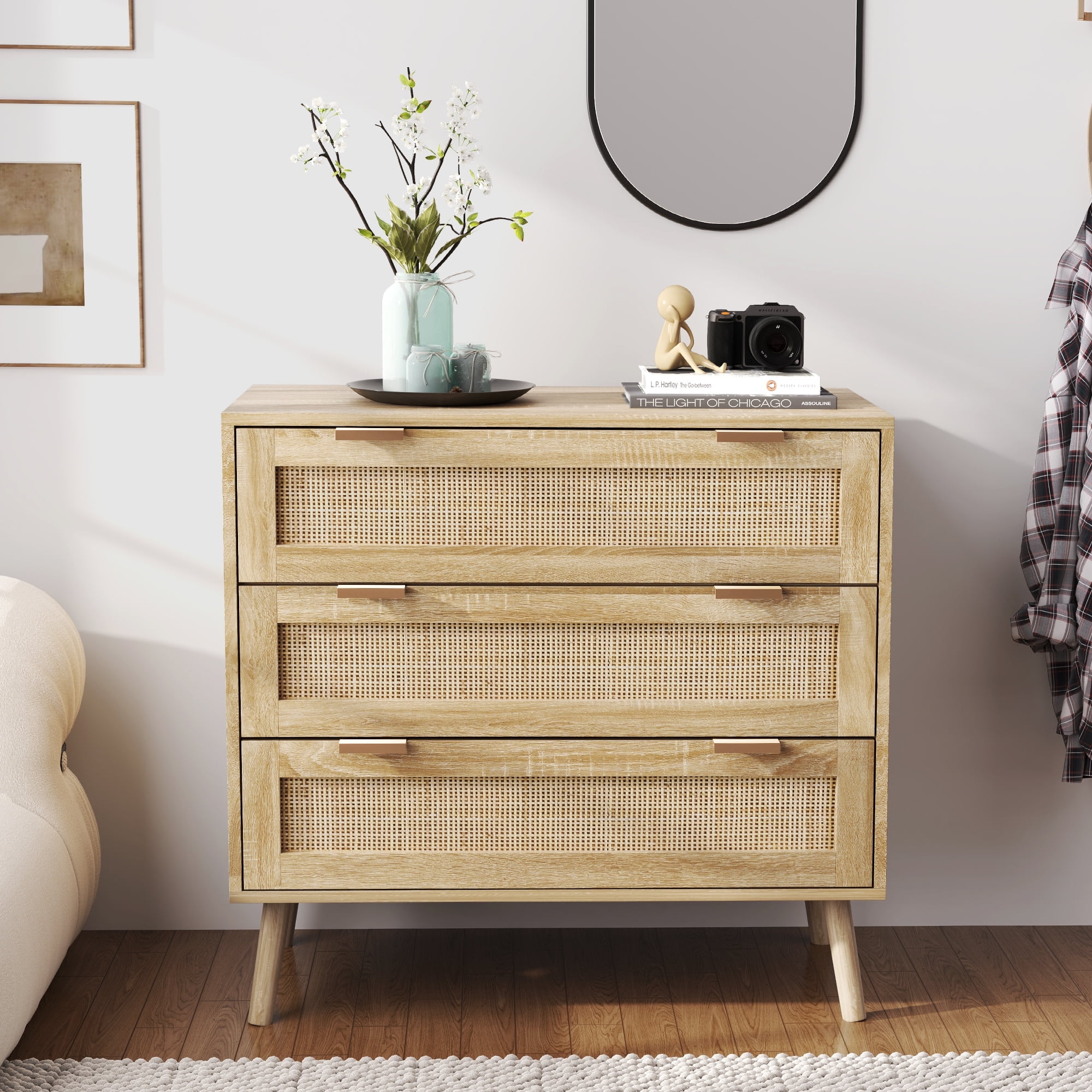 Bohemian Style 3 Chest of Drawers with Rattan Drawer Fronts for Bedroom ...