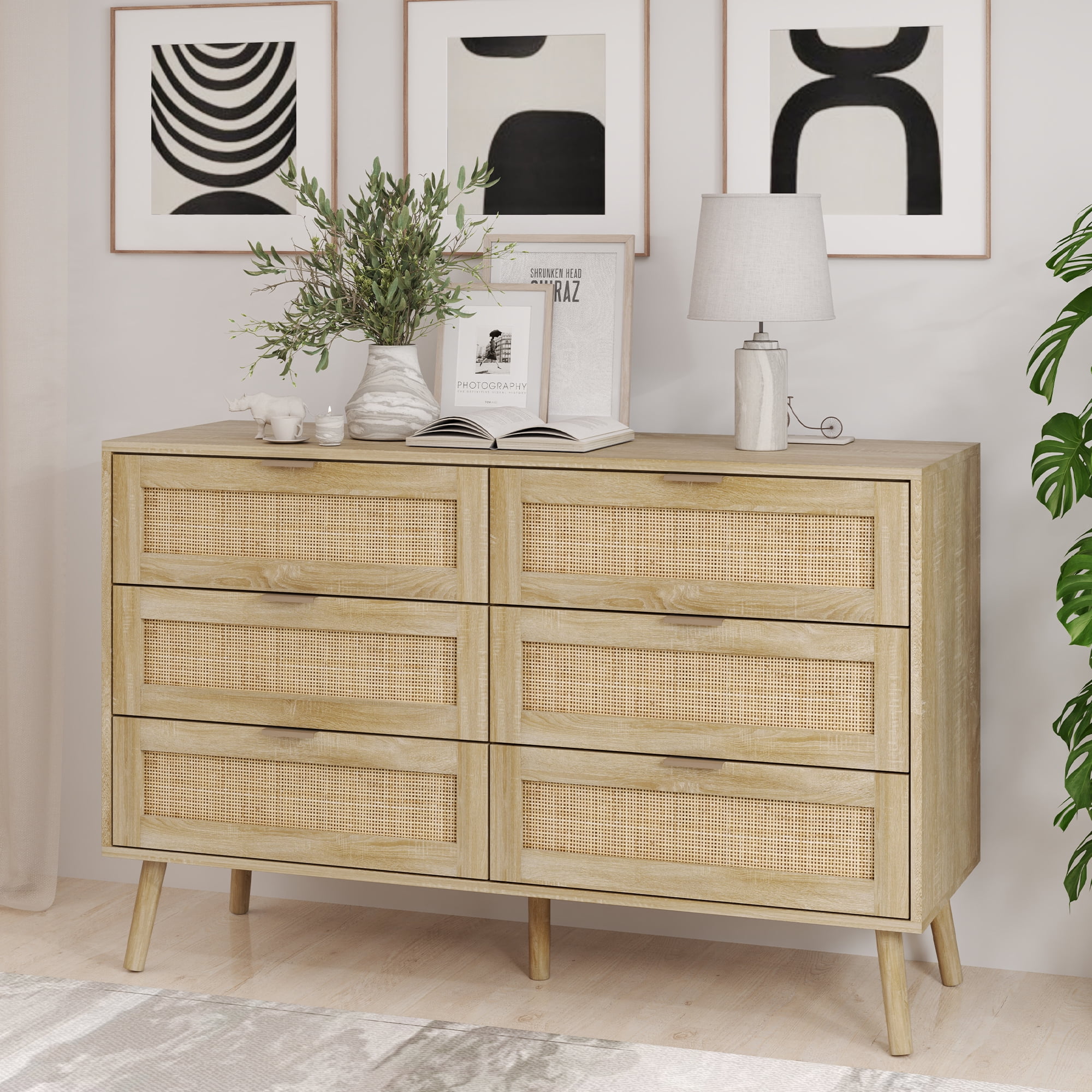 Bohemian Style 6 Chest of Drawers with Rattan Drawer Fronts for Bedroom ...