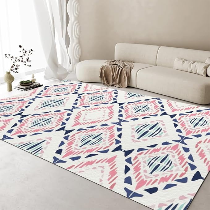 Bohemian Style Area Rug, Pink And White Geometric Print Dining Room ...