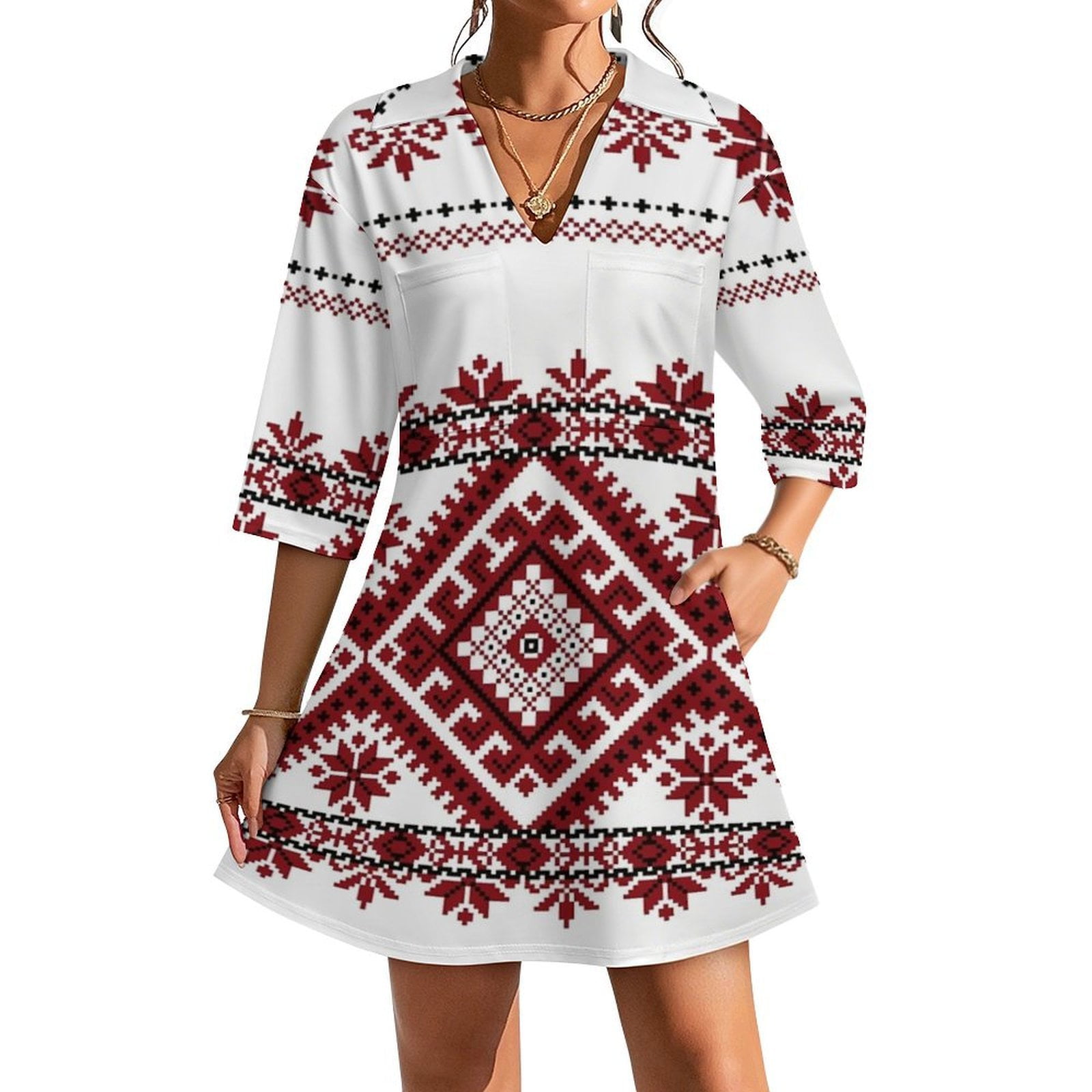 Bohemian Style Embroidery Womens Dress With Pockets Summer V Neck 3/4 ...