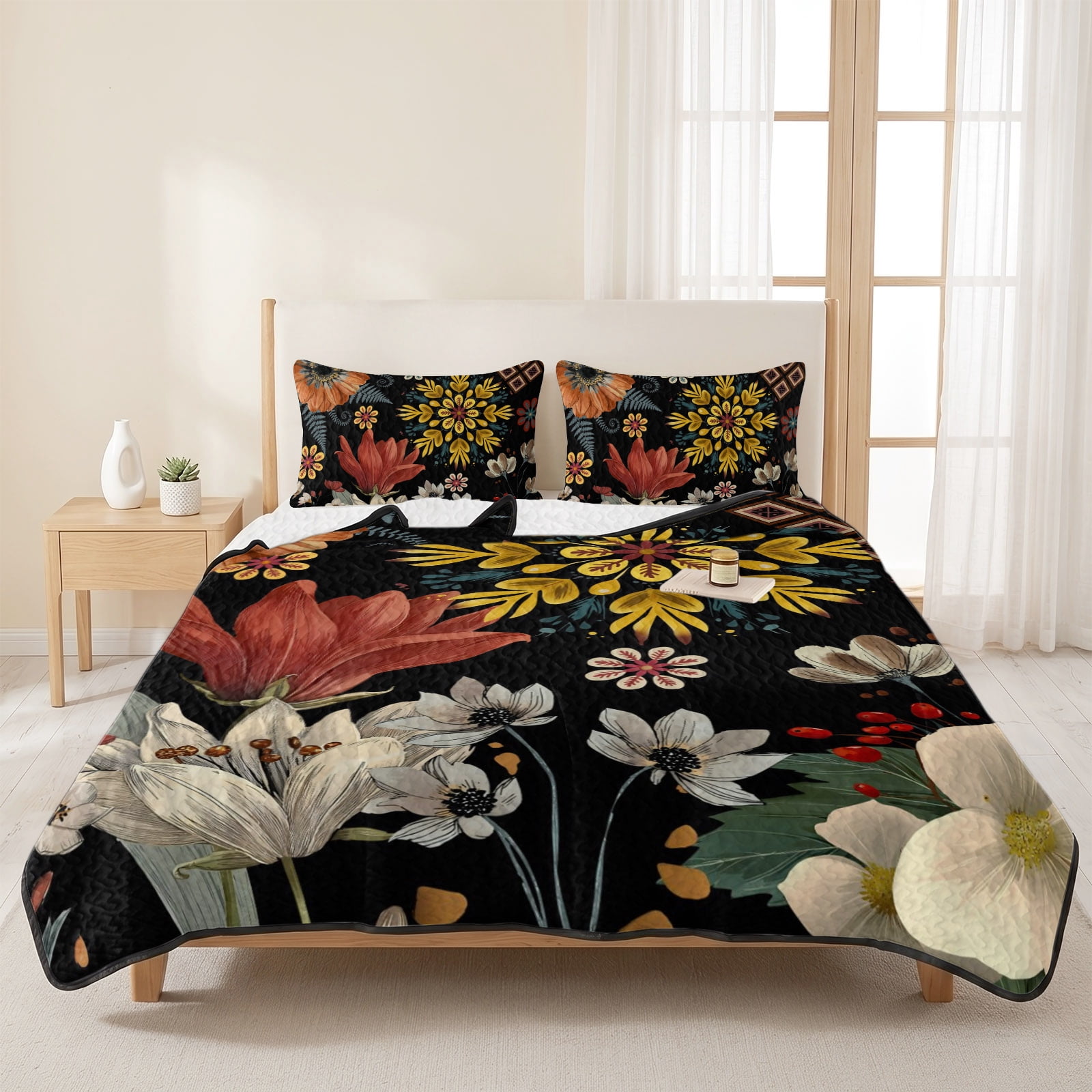 Bohemian Style Flowers 3 Pieces Quilt Set,1 Quilt with 2 Shams,Red ...