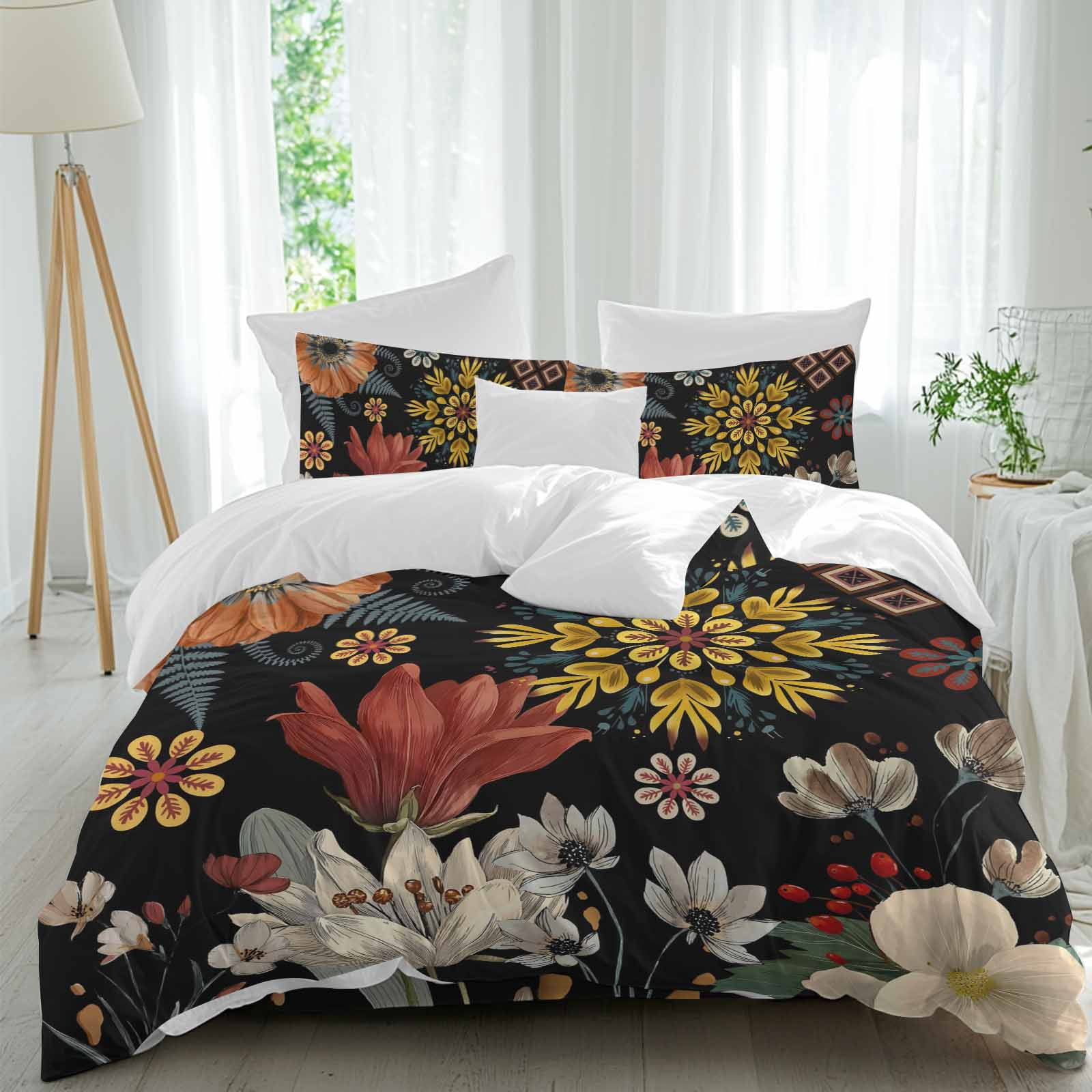 Bohemian Style Flowers California King Size Bed Set,Red Yellow Floral ...