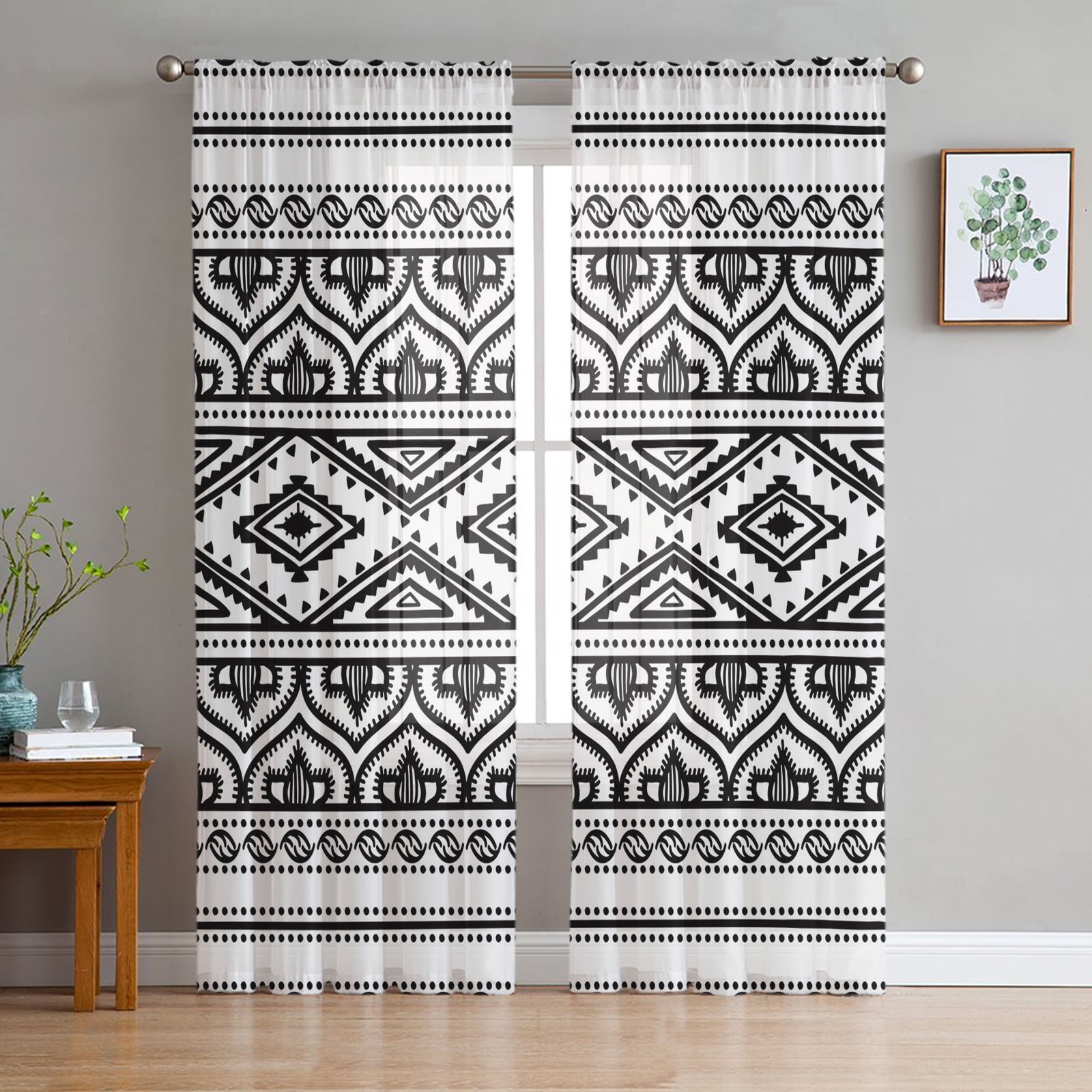 Bohemian Style Geometric Shapes Voile Curtains for Bedroom Tulle Window ...