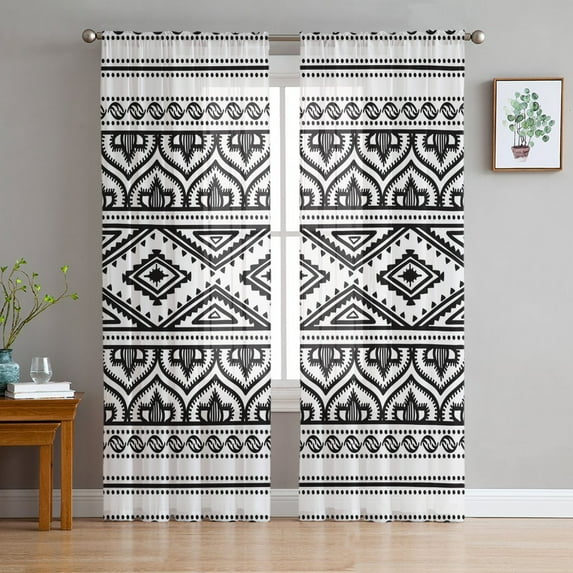 Bohemian Style Geometric Shapes Voile Curtains for Bedroom Tulle Window ...