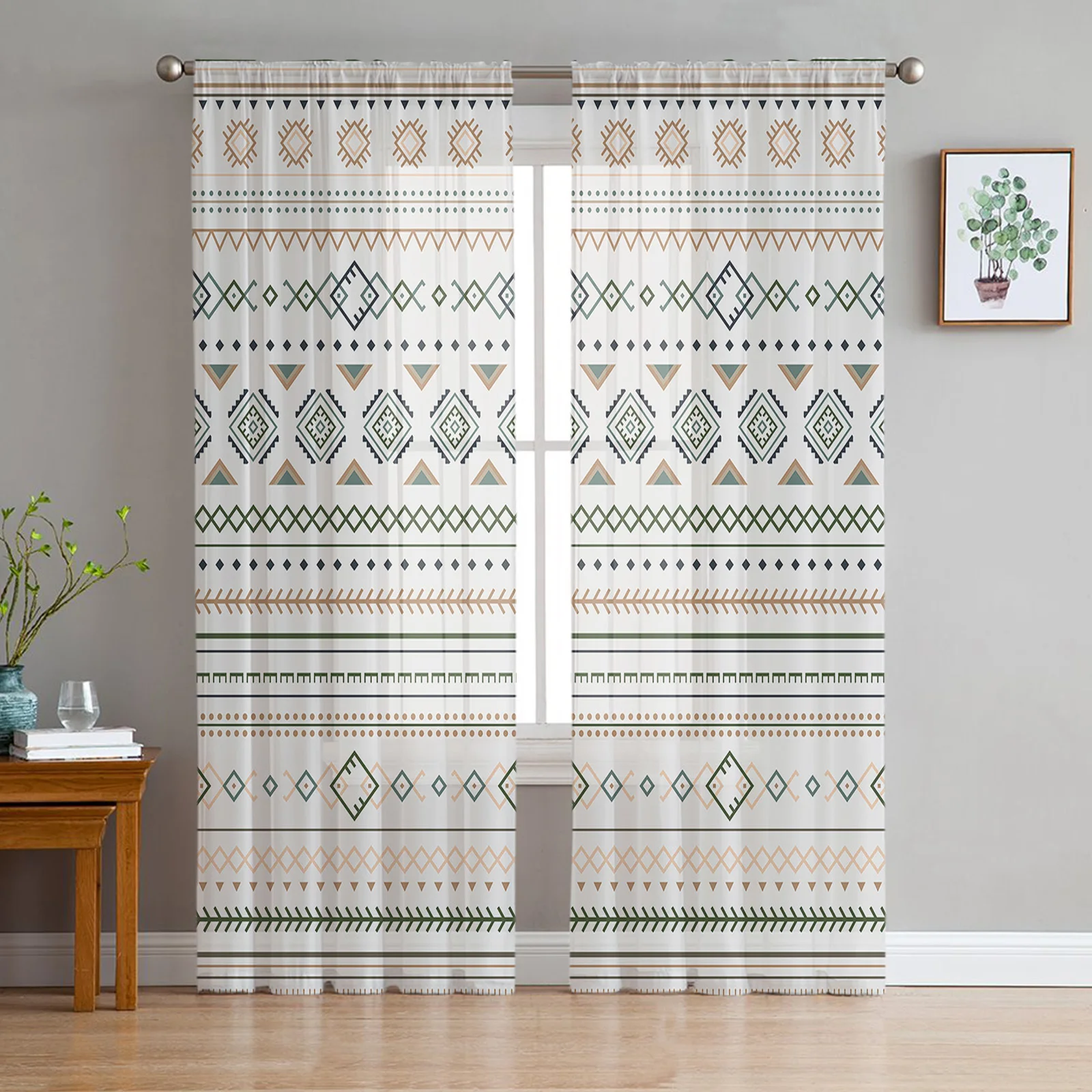 Bohemian Style Geometric Shapes Voile Curtains for Bedroom Tulle Window ...