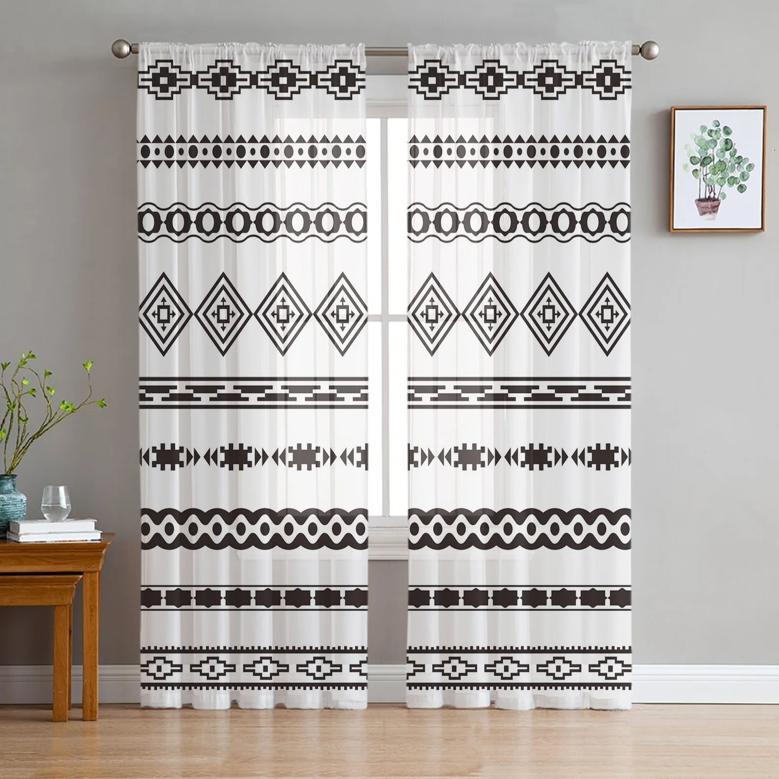 Bohemian Style Geometric Shapes Voile Curtains for Bedroom Tulle Window ...