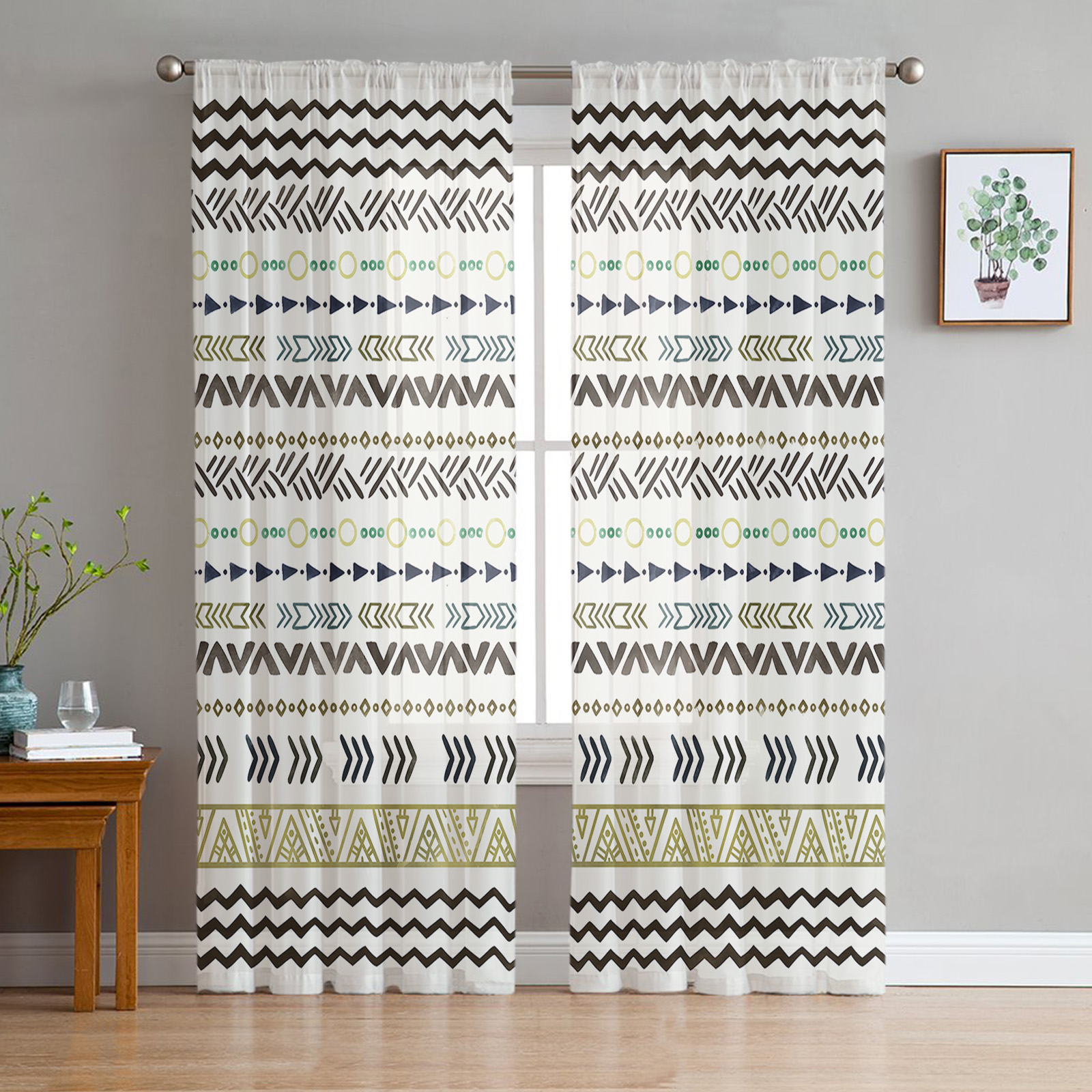 Bohemian Style Geometric Shapes Voile Curtains for Bedroom Tulle Window Curtain for Living Room ...