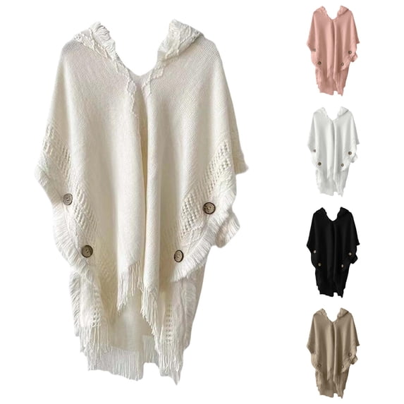 Bohemian Style Hooded Solid Color Cape Shawl Autumn and Winter Tassel ...