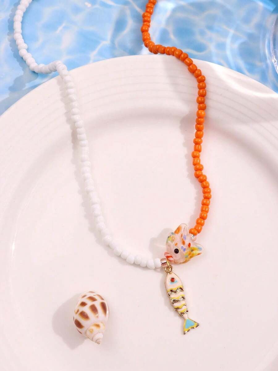 Bohemian Style Orange & White Beaded Pendant Necklace With Enamel Fish ...