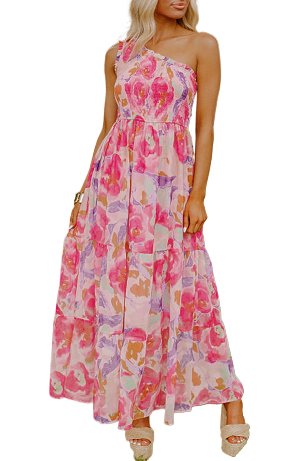 Bohemian Style Pink Maxi Dress with Asymmetrical Neckline and Smocked ...
