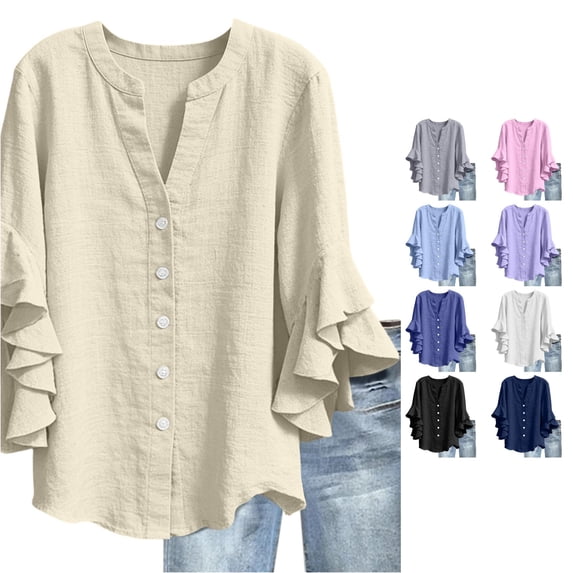Bohemian Style Ruffled Sleeve Casual V Neck Button Down T Shirt for ...