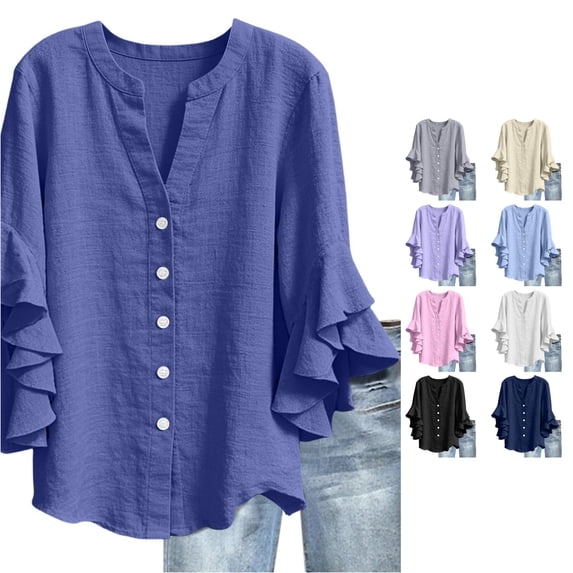 Bohemian Style Ruffled Sleeve Casual V Neck Button Down T Shirt for ...