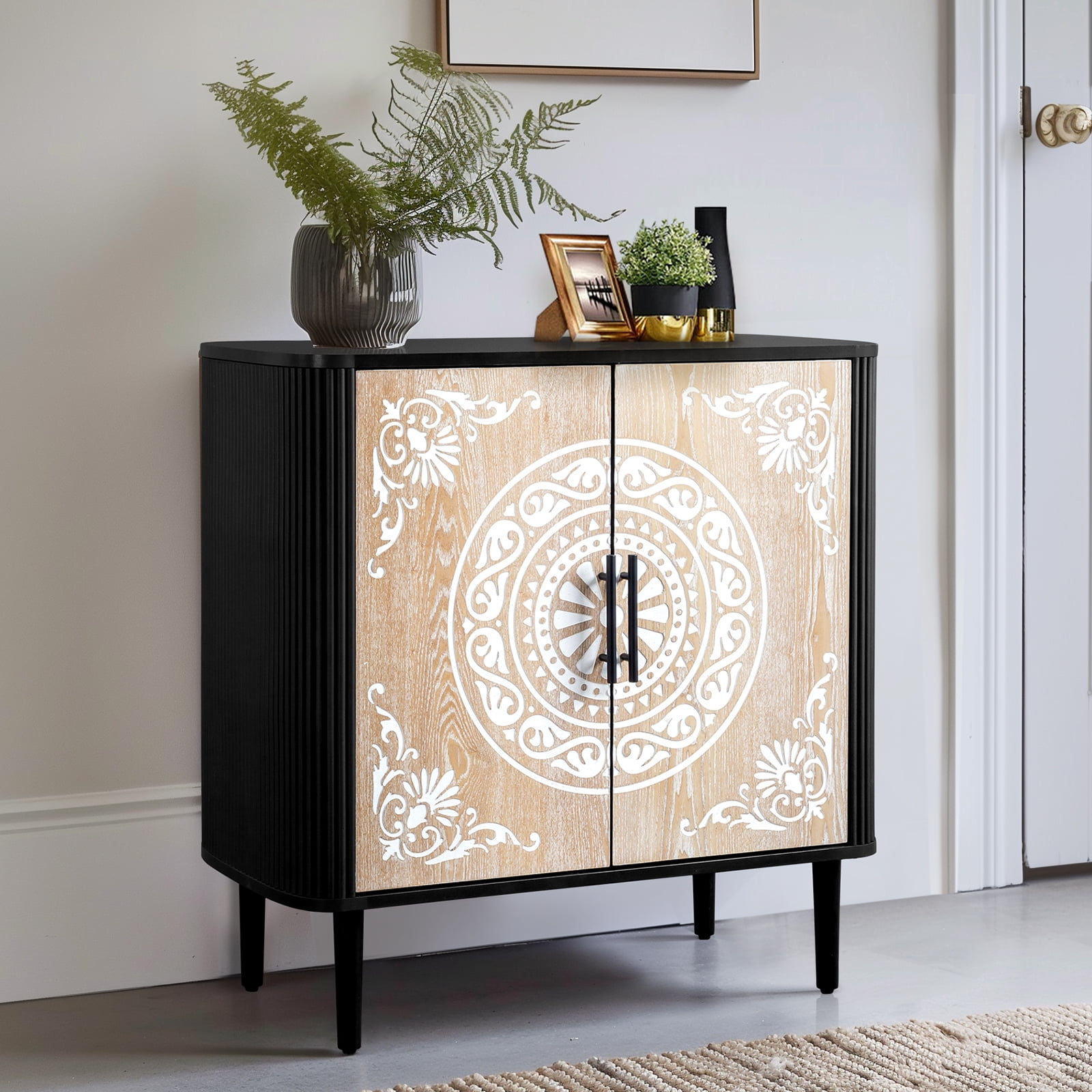 Bohemian Style Sideboard with Pattern Carving - Oval Tabletop, High ...