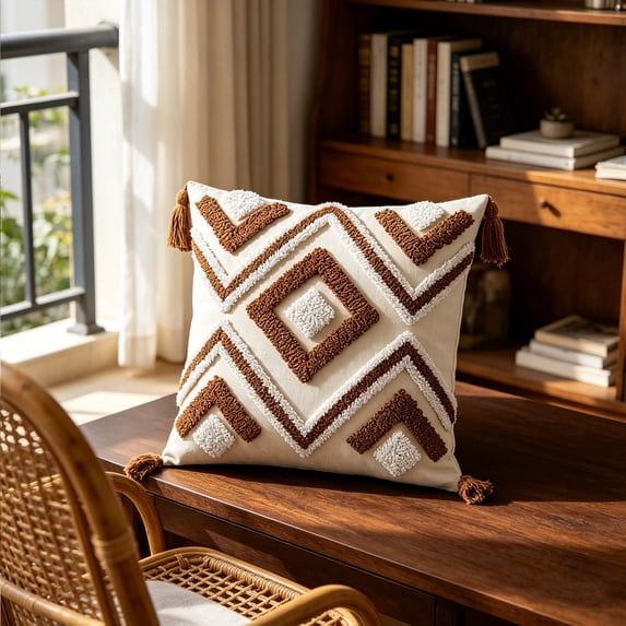 Bohemian Style Tassel Throw Pillow Cover Geometric Diamond Tufted ...