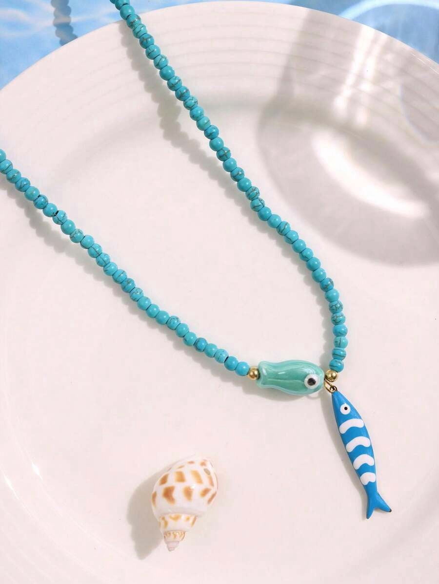 Bohemian Style Turquoise Beaded Pendant Necklace With Fish Charm, Ocean ...