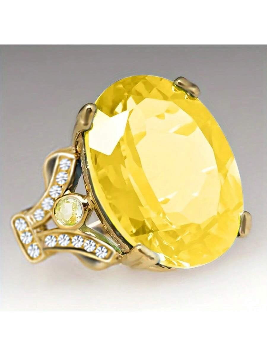 Bohemian Style Yellow Cubic Zirconia Oval Ring With Goldtone Setting ...