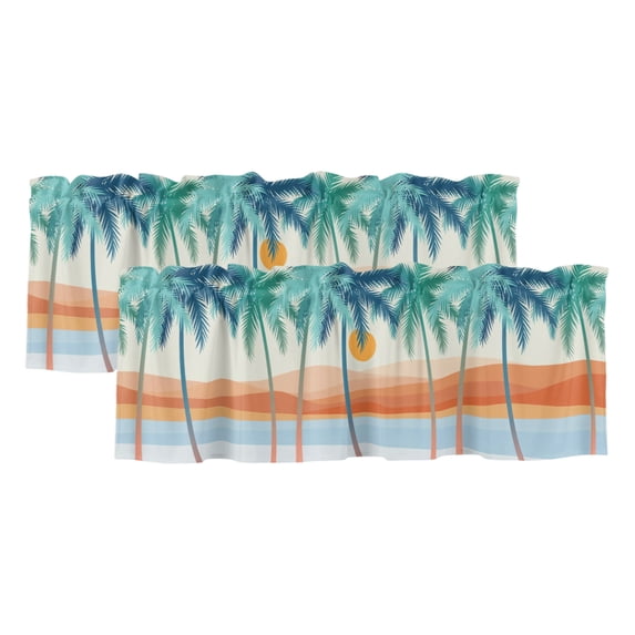 Bohemian Summer Beach 2 Panels Kitchen Valance, Mount Coconut Tree Sun ...