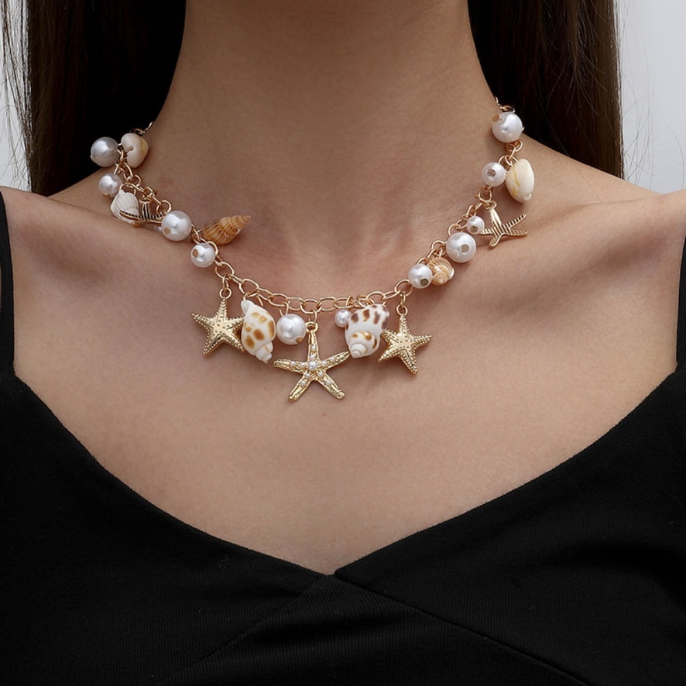 Bohemian Summer Beach Shell Necklace Bracelet Imitation Pearl Starfish ...