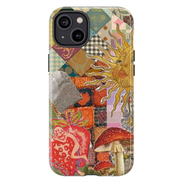 Bohemian Sun Face & Mushroom Patchwork Phone Case, Quilted Collage ...