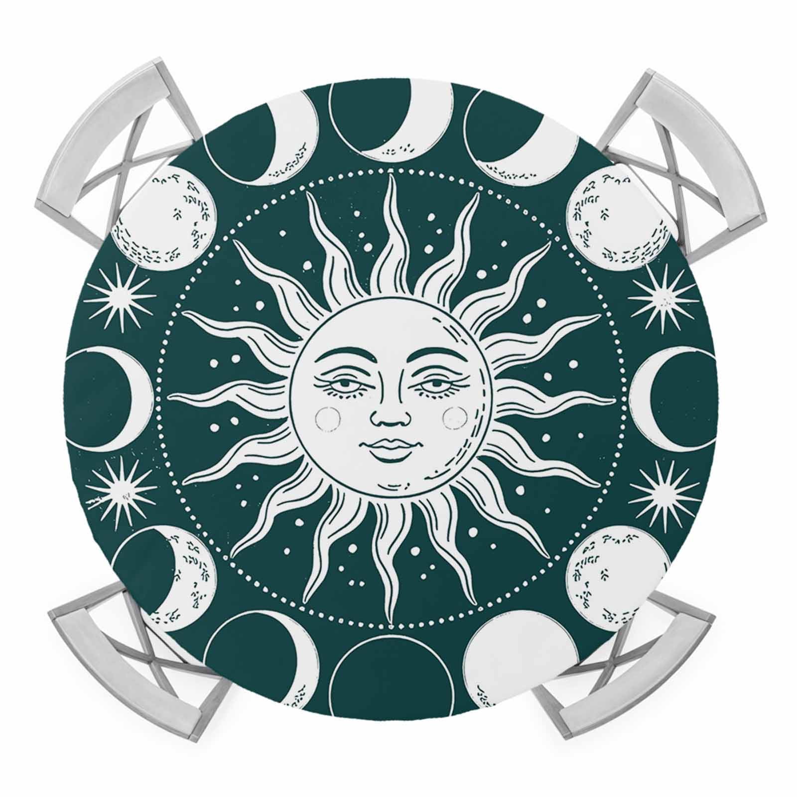 Bohemian Sun Moon Texture Elastic Fitted Round Table Cover Ethnic Style ...