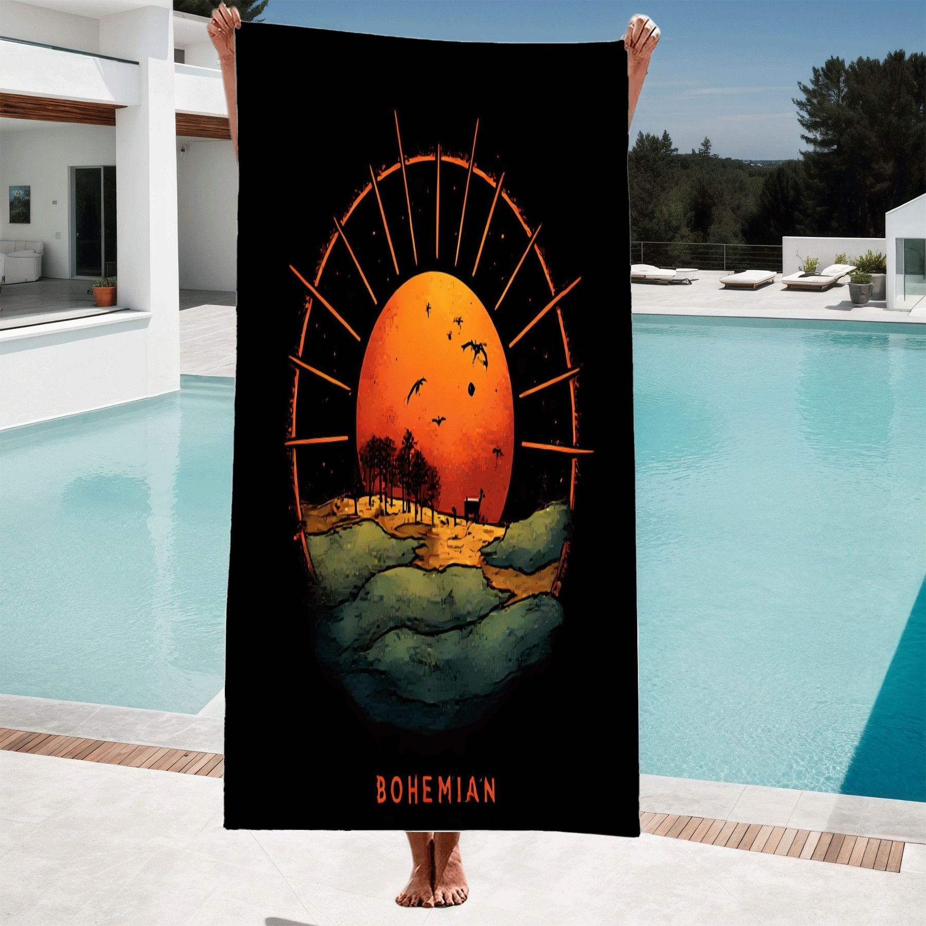 Bohemian Sunset Beach Towel - Vibrant Orange Sun Tree Silhouette and ...