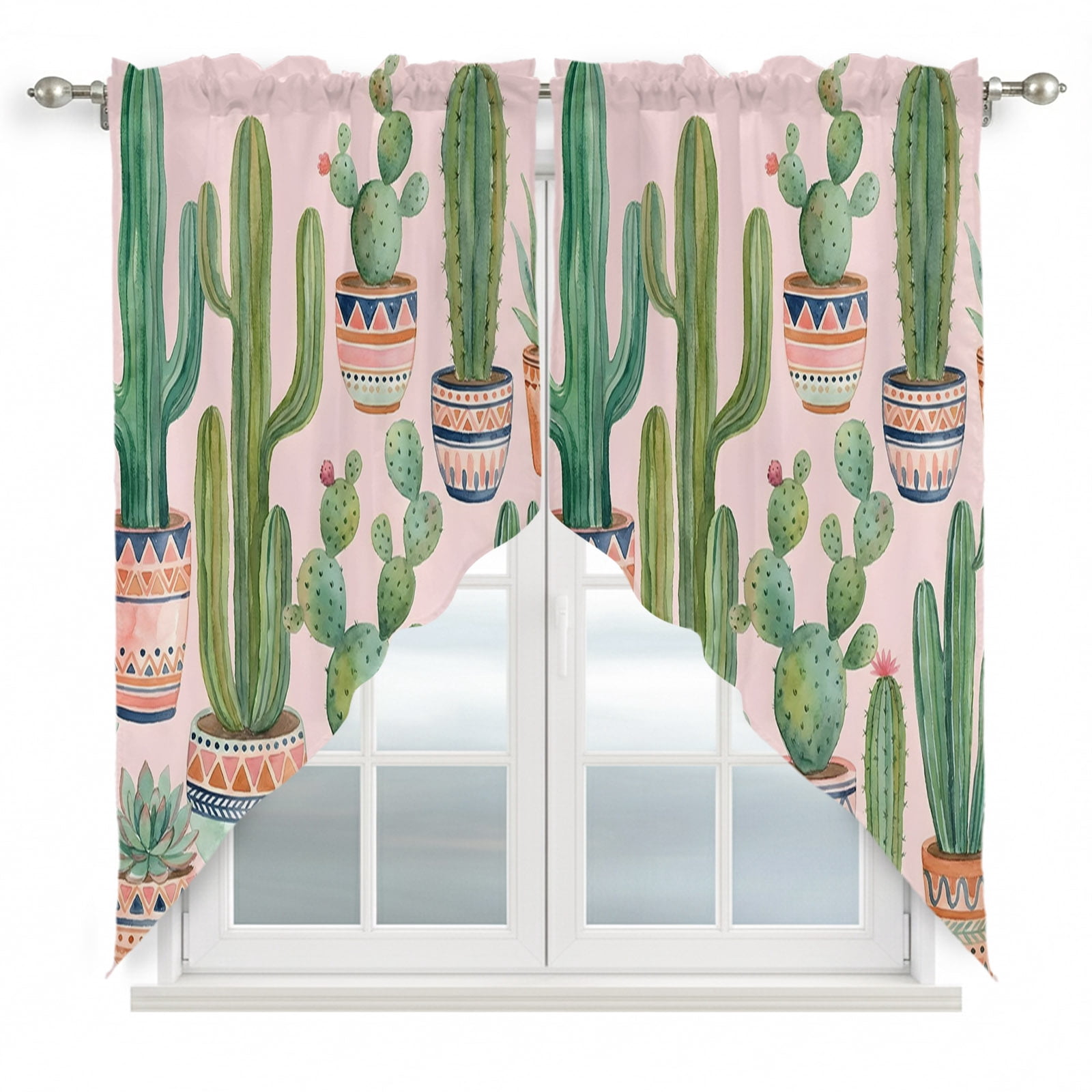 Bohemian Swag Curtain Valance for Window 2 Panels Green Cacti Pots ...