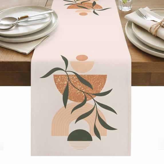 Bohemian Table Runner, Abstract Green Leaf Beige Geometric Modern Art ...