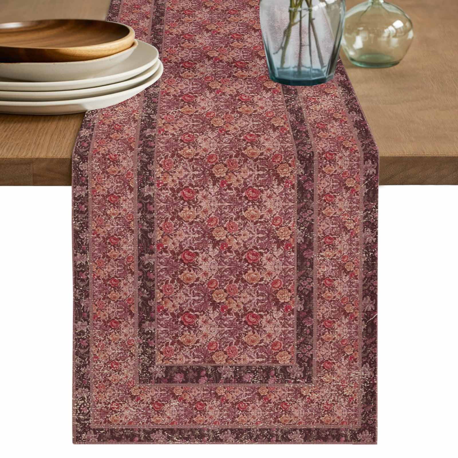 Bohemian Table Runner, Dark Red Vintage Flowers Texture Traditional ...