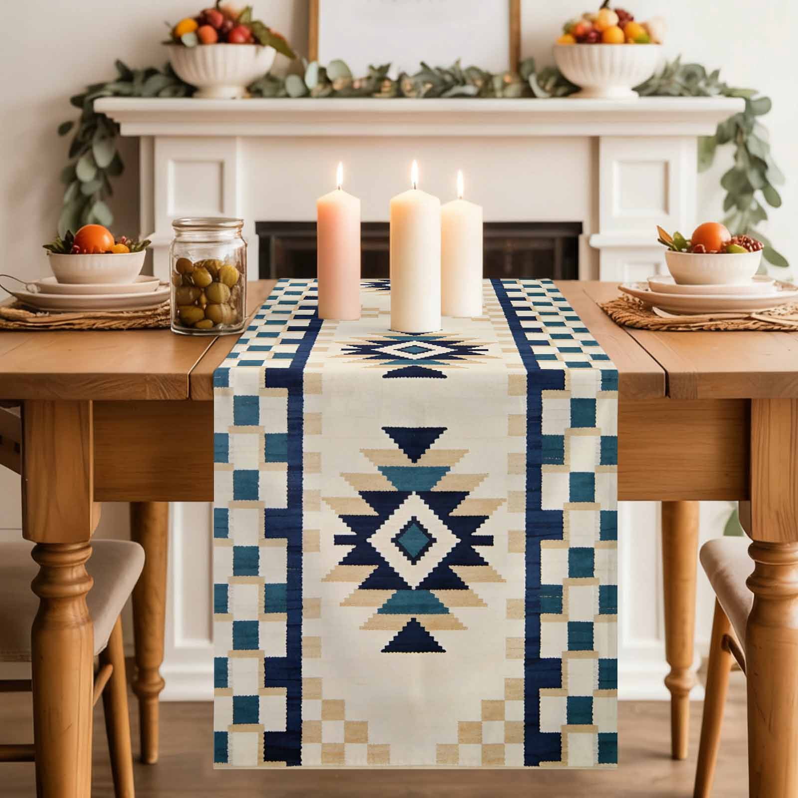 Bohemian Table Runner, Retro Rhombus Tribal Style Boho Geometric Beige ...