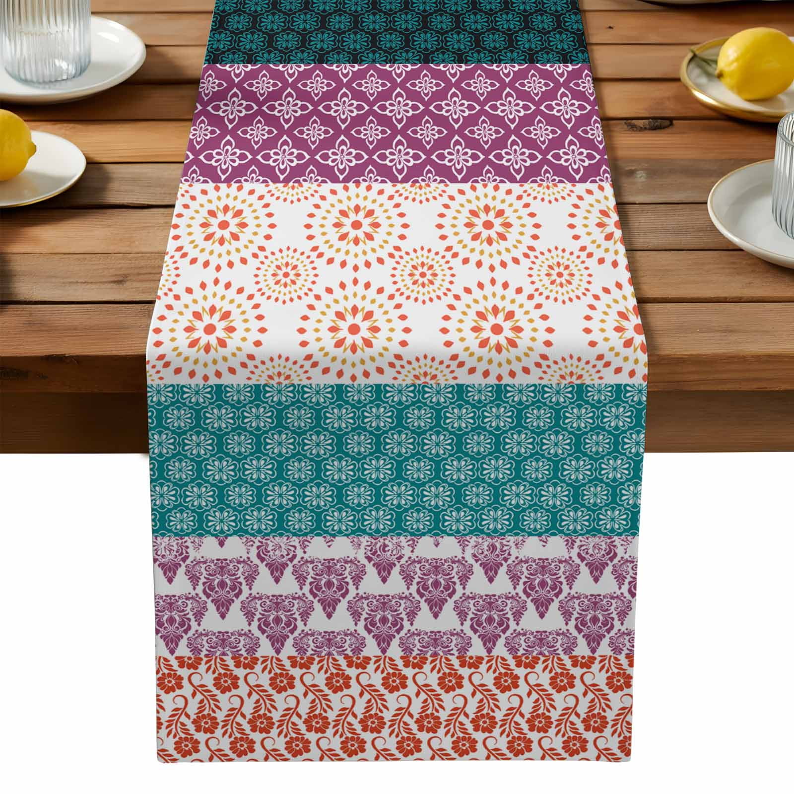 Bohemian Table Runner, Tribal Geometric Stripes Purple Pink Kitchen ...