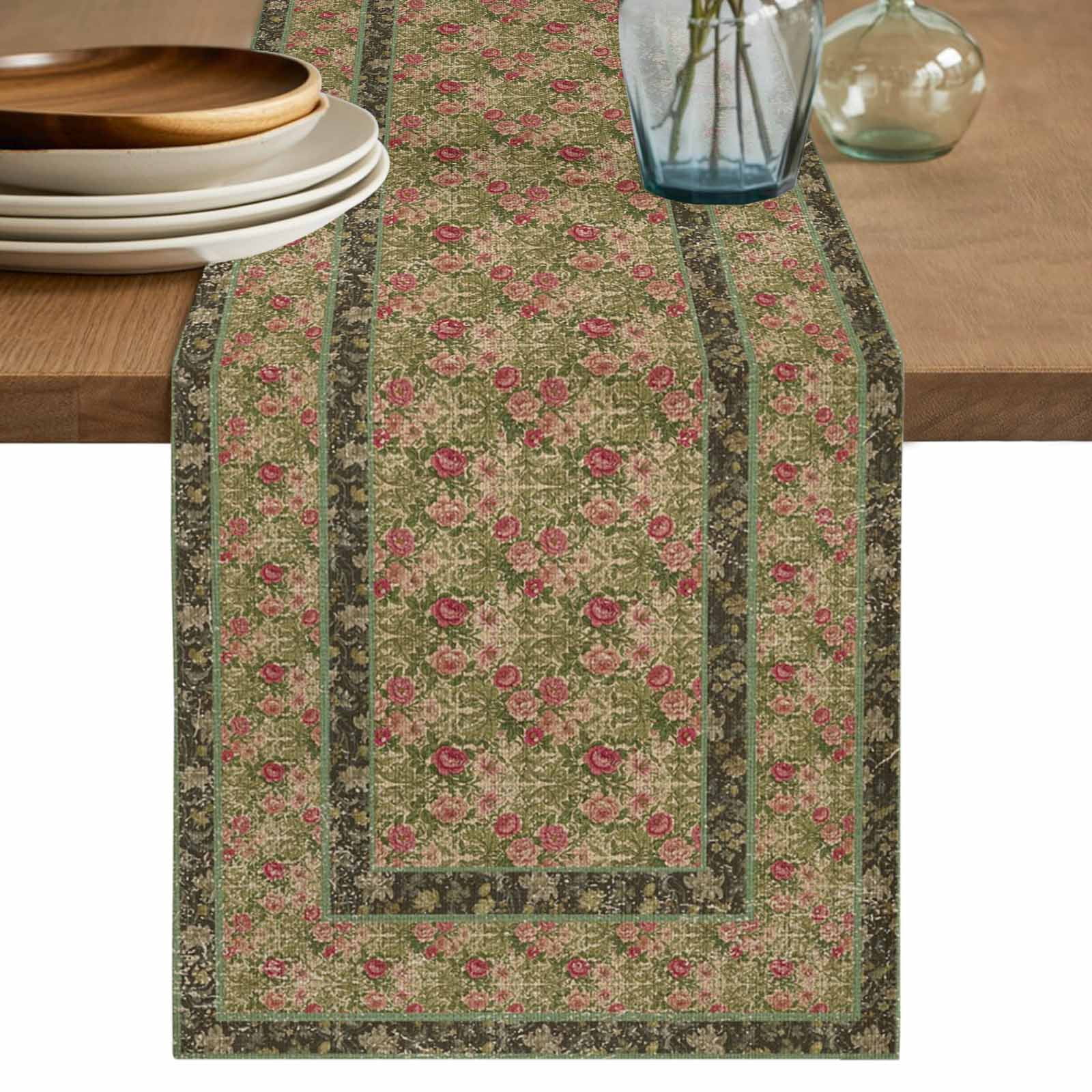 Bohemian Table Runner, Vintage Red Flowers Texture Traditional Ethnic ...