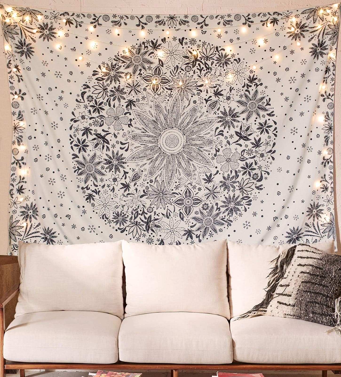 Bohemian Tapestry Wall , Beige White Floral Tapestry with Dotted Daisy ...