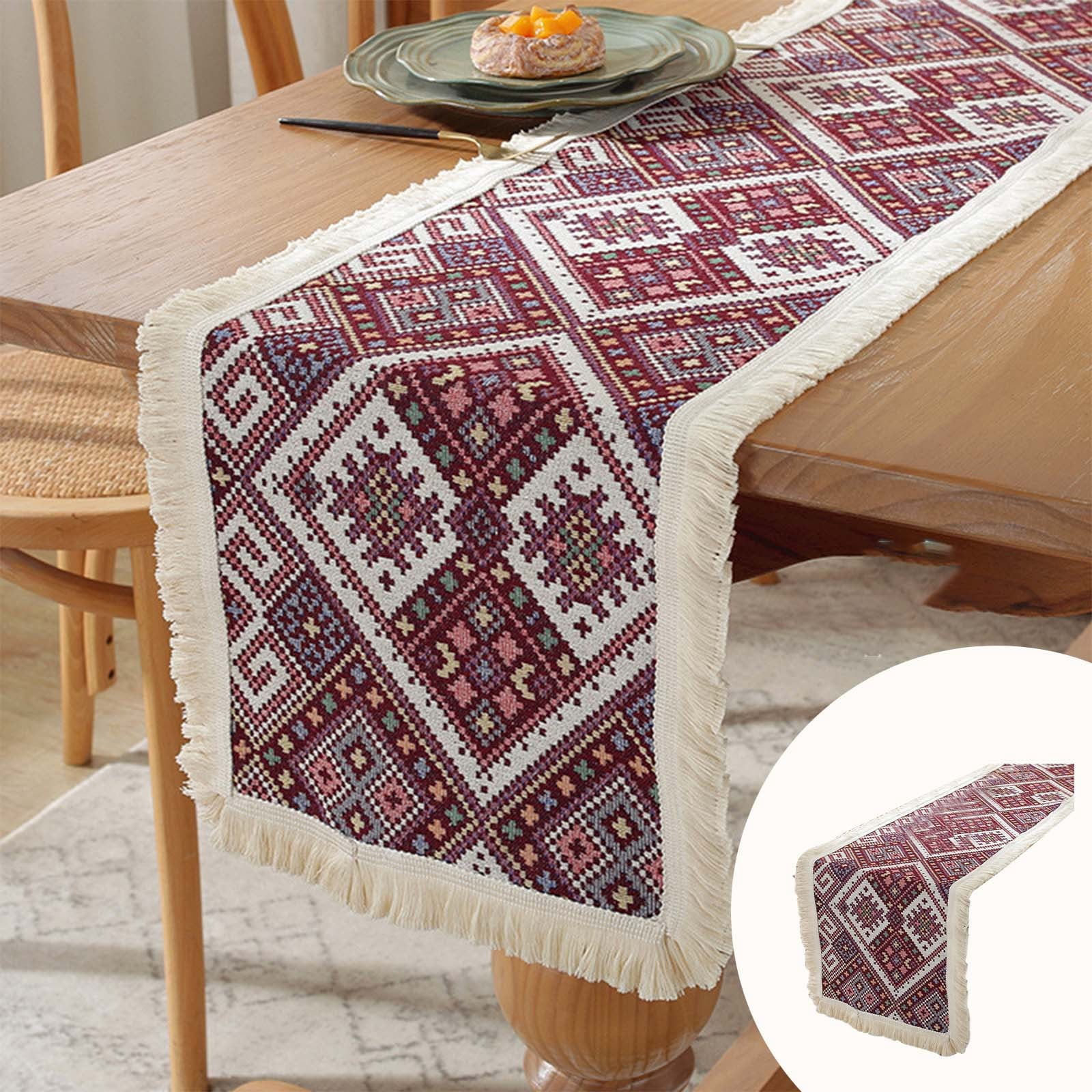 Bohemian Tassel Trim Table Runner, Decorative Dining Table Cover with ...