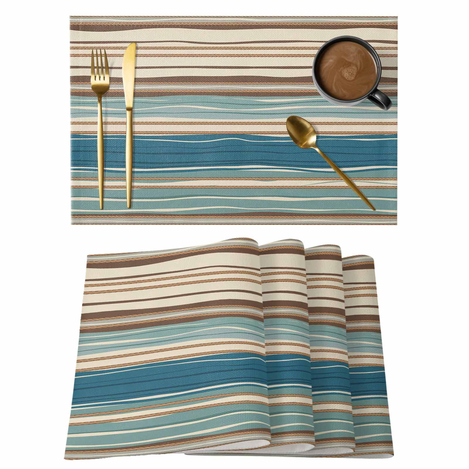 Bohemian Teal Cotton Linen Placemats Set of 8, Brown Stripe Retro Wave ...