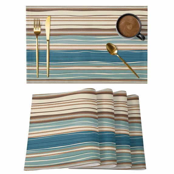 Bohemian Teal Cotton Linen Placemats Set of 8, Brown Stripe Retro Wave ...