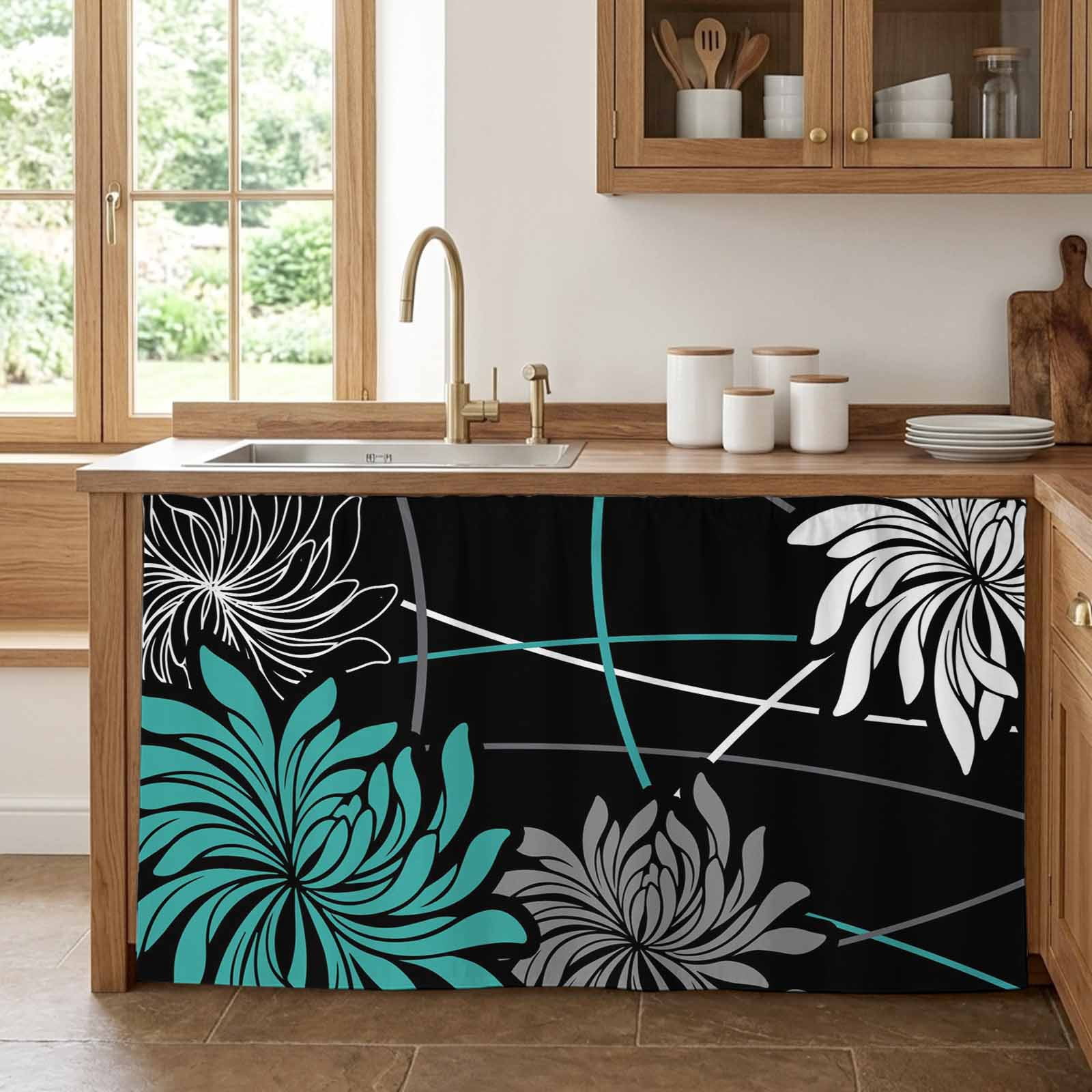 Bohemian Teal Floral Cabinet Curtains 28"Wx51"L, Modern Artistic Boho ...