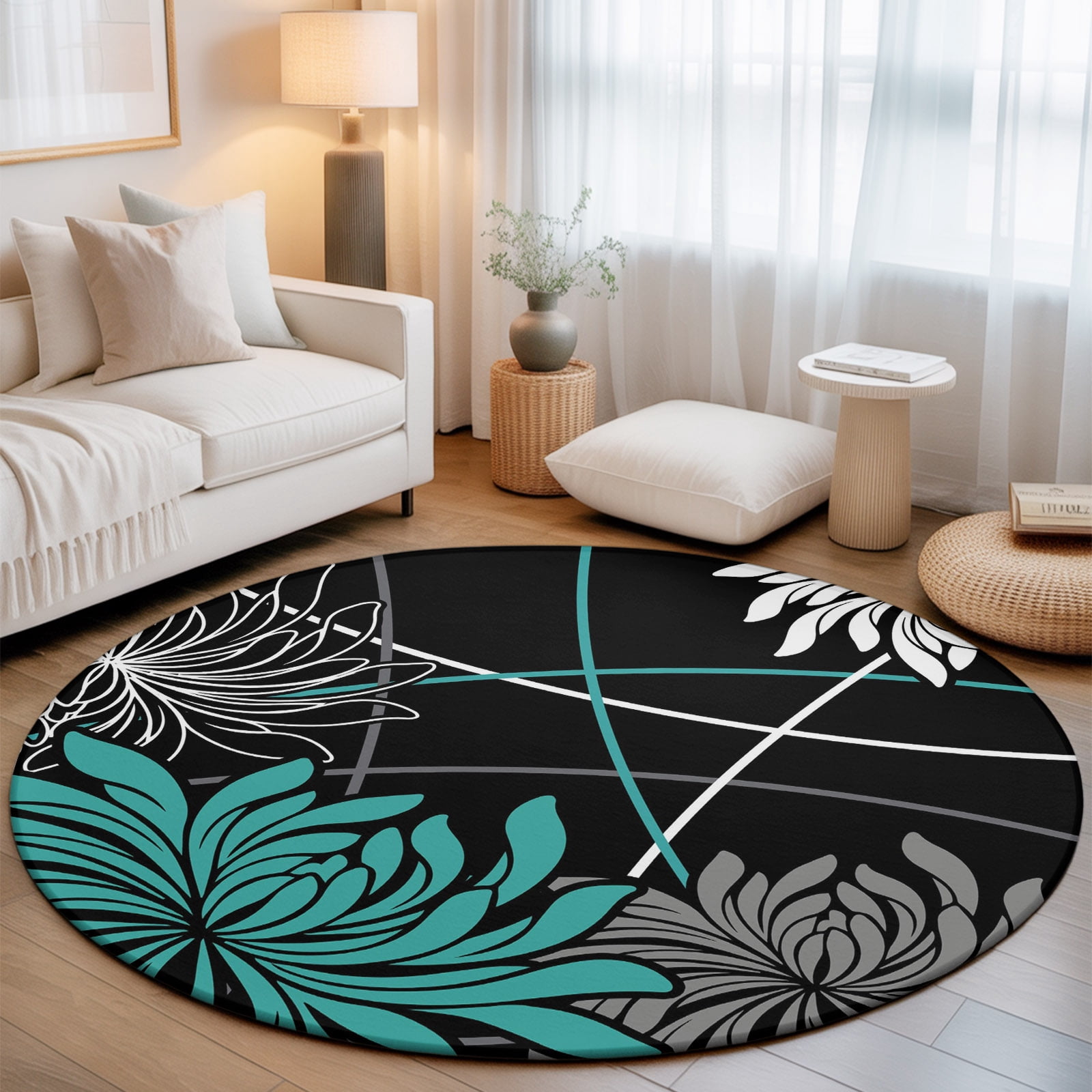 Bohemian Teal Floral Round Living Room Rugs 5 ft, Modern Artistic Boho ...