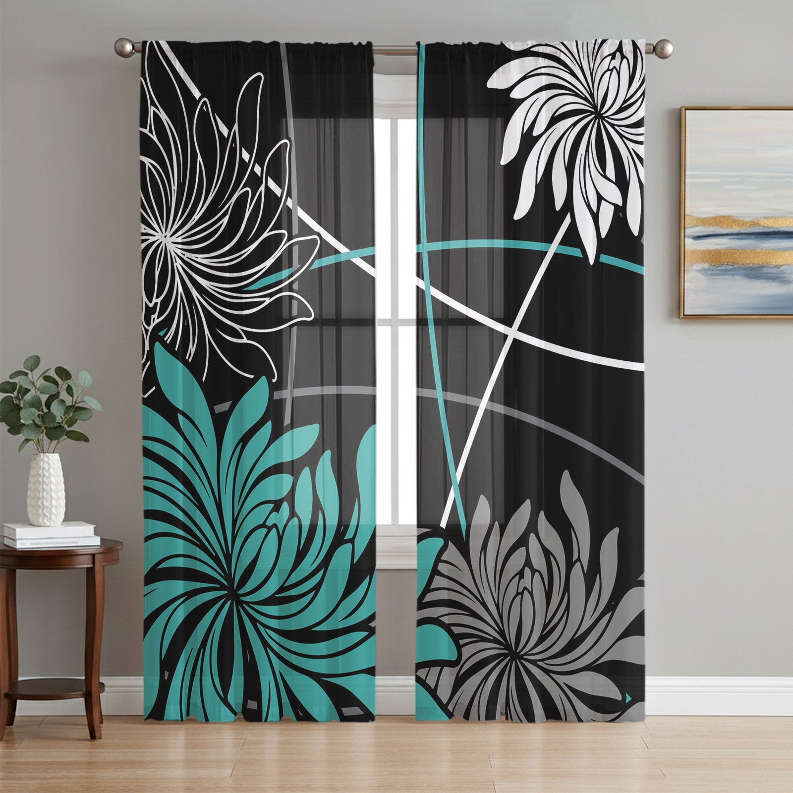 Bohemian Teal Floral Sheer Curtains for Living Room Bedroom, Modern ...