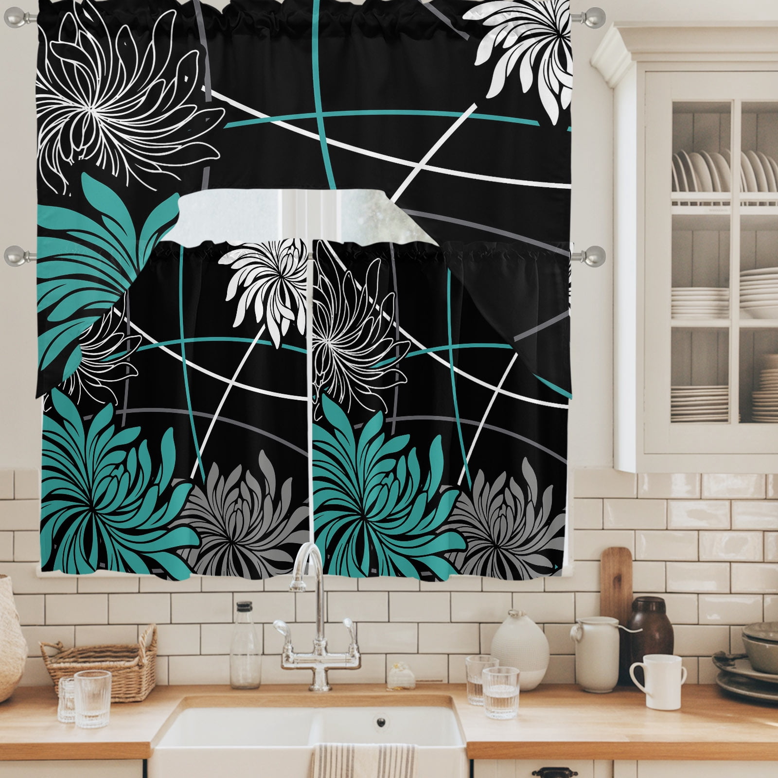 Bohemian Teal Floral Swag Curtains Valance and Tier Set, Modern ...