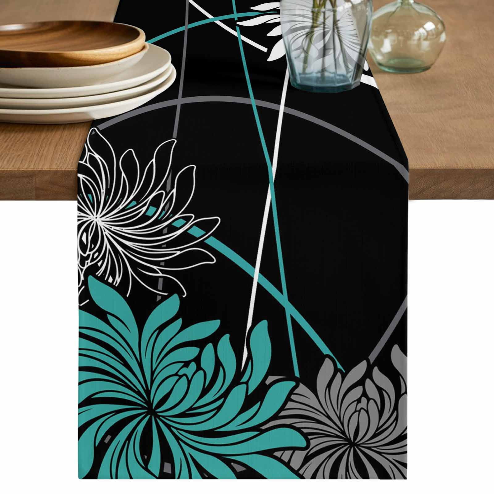 Bohemian Teal Floral Table Runner, Modern Artistic Boho Grey White ...