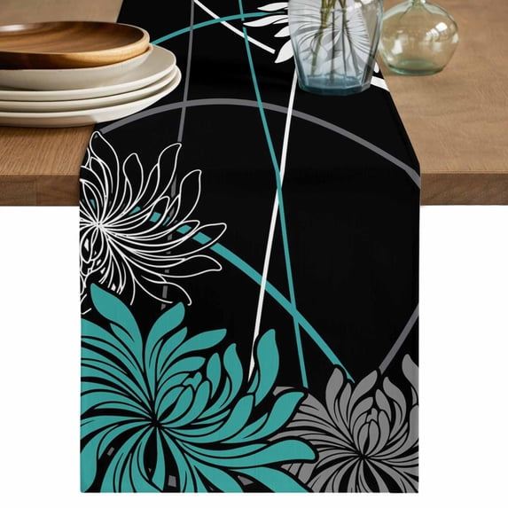 Bohemian Teal Floral Table Runner, Modern Artistic Boho Grey White ...