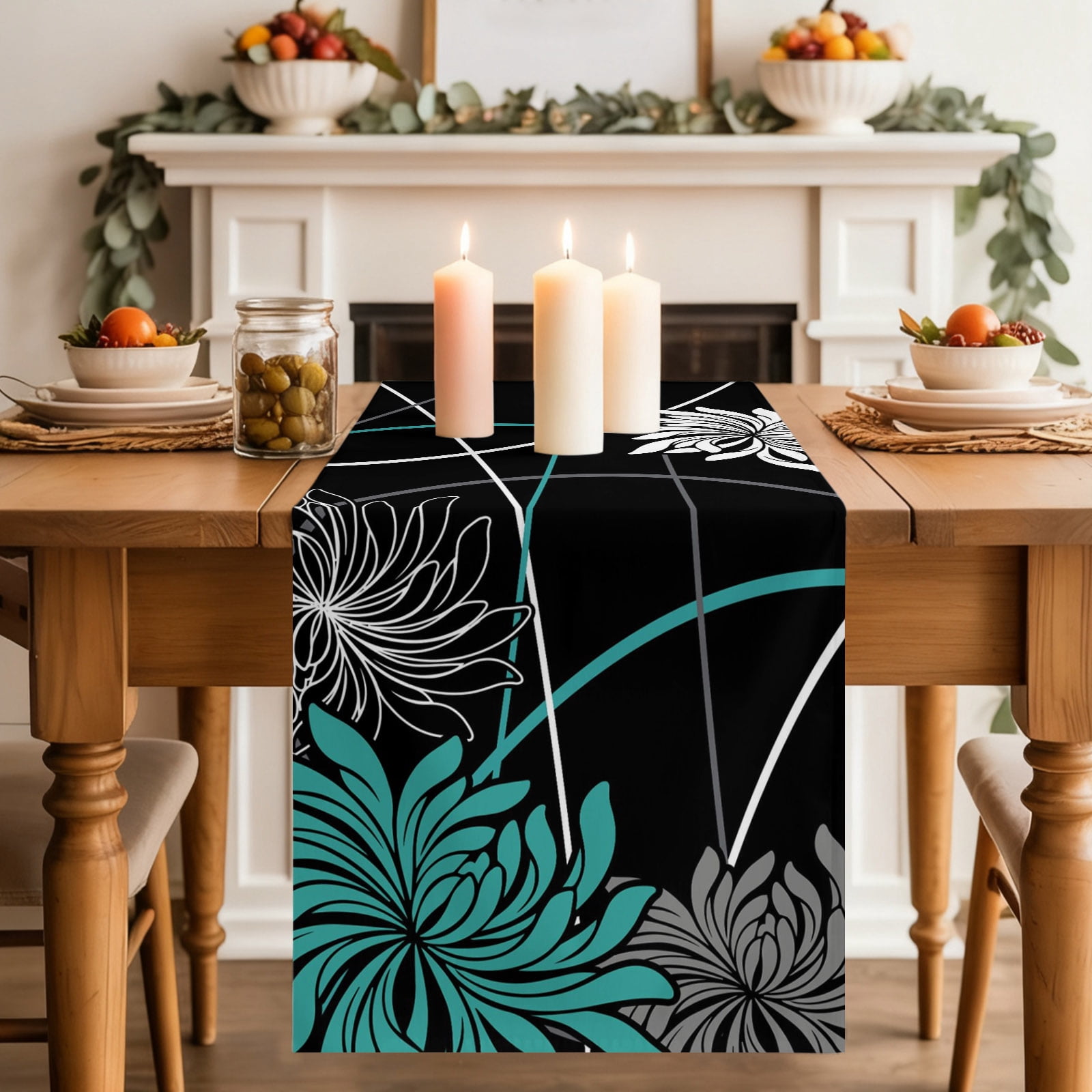 Bohemian Teal Floral Table Runner, Modern Artistic Boho Grey White ...