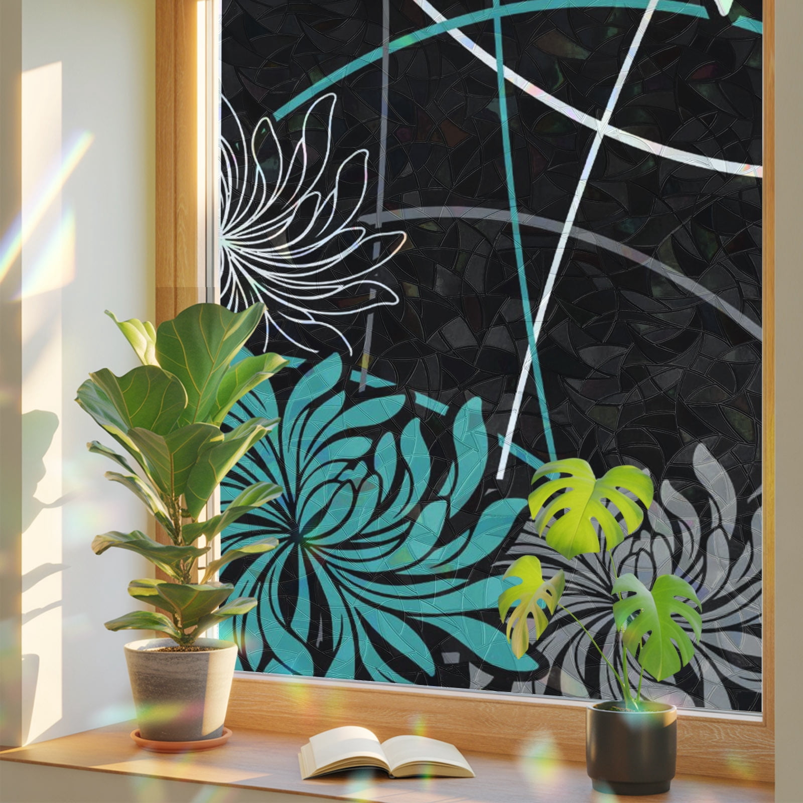 Bohemian Teal Floral Window Privacy Film, Modern Artistic Boho Grey ...