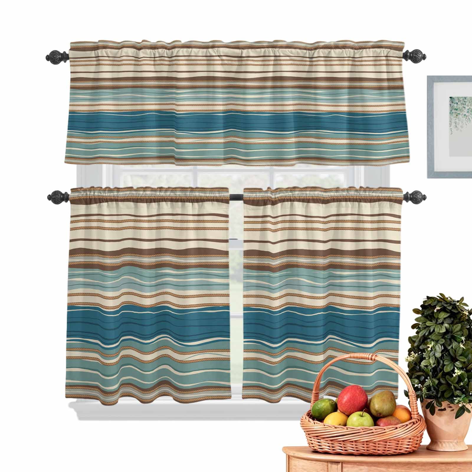 Bohemian Teal Kitchen Curtains Valances 3 Piece Set, Brown Stripe Retro ...