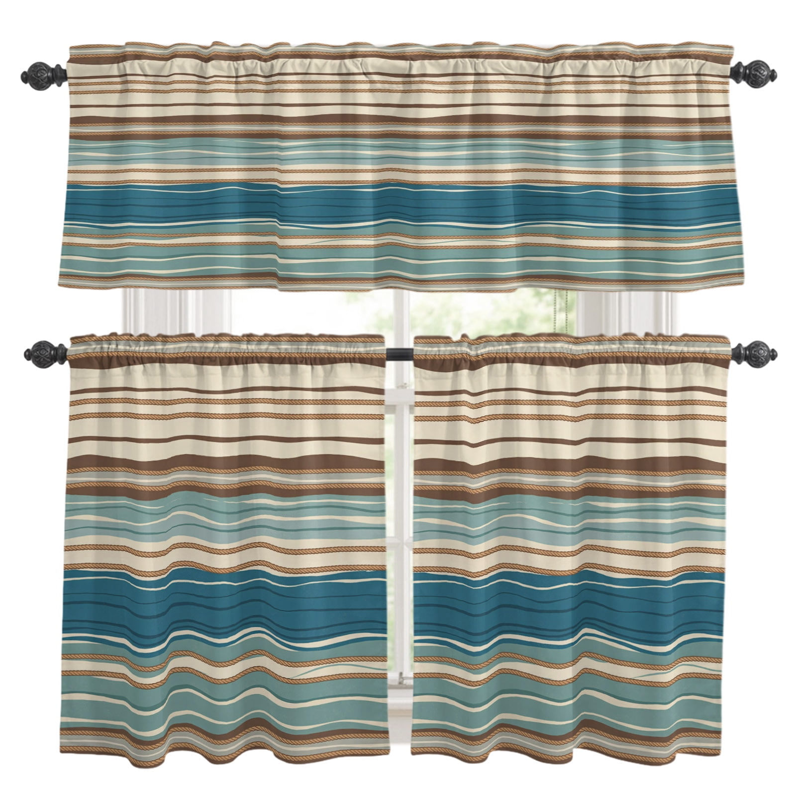 Bohemian Teal Kitchen Curtains and Valances Set, Brown Stripe Retro ...