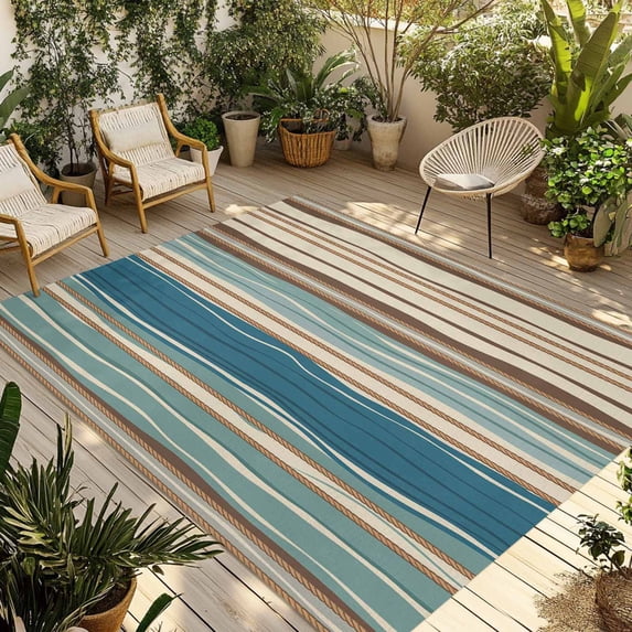 Bohemian Teal Outdoor Rug, Brown Stripe Retro Wave Line Non-Slip Area ...