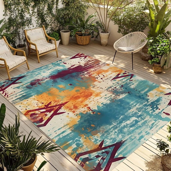 Bohemian Teal Outdoor Rug, Orange Splash Art Retro Geometric Red Argyle ...