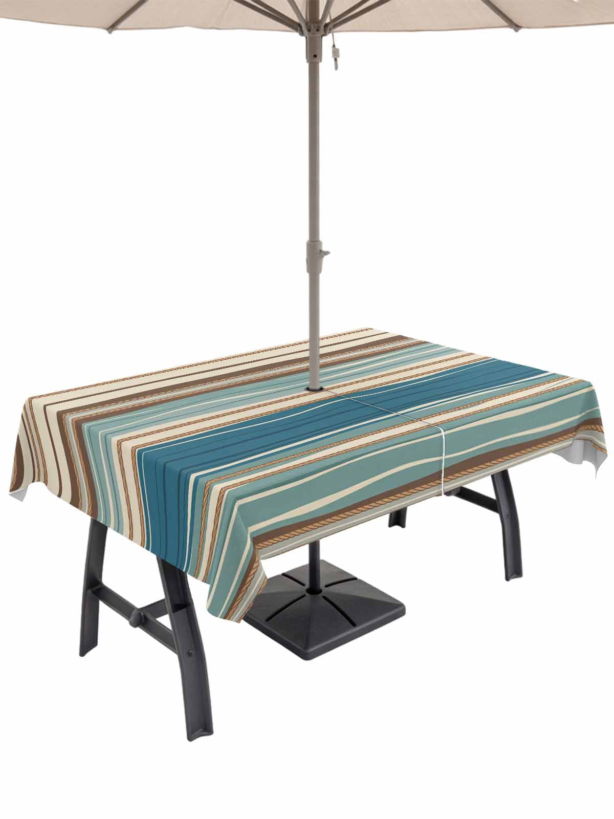 Bohemian Teal Rectangle Outdoor Tablecloth with Umbrella Hole Brown ...